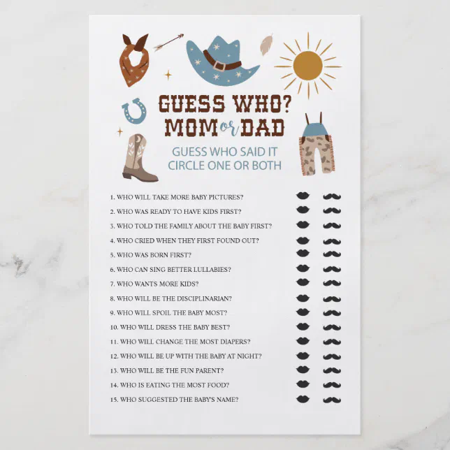 Western Cowboy Baby Shower Guess Who Game Flyer | Zazzle