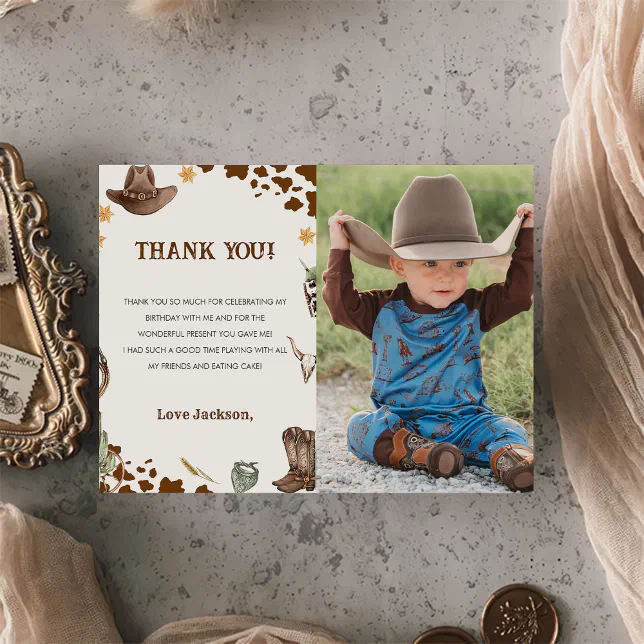 Western Cowboy Birthday Party Photo Thank You Card | Zazzle