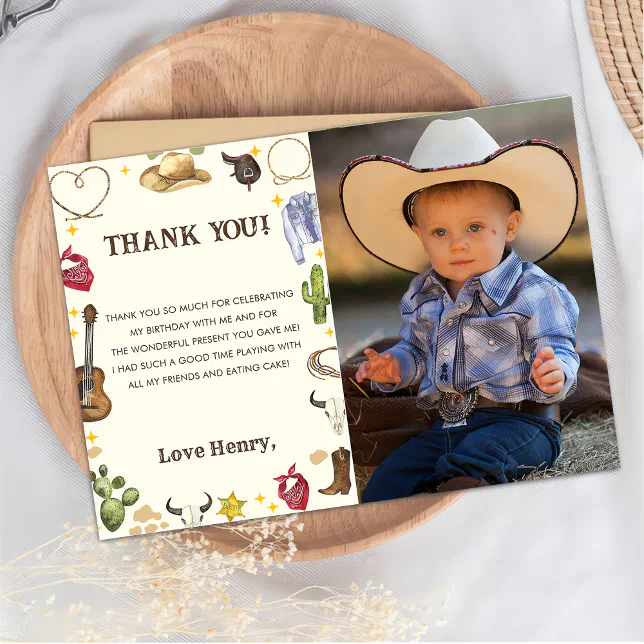 Western Cowboy Birthday Party Photo Thank You Card | Zazzle