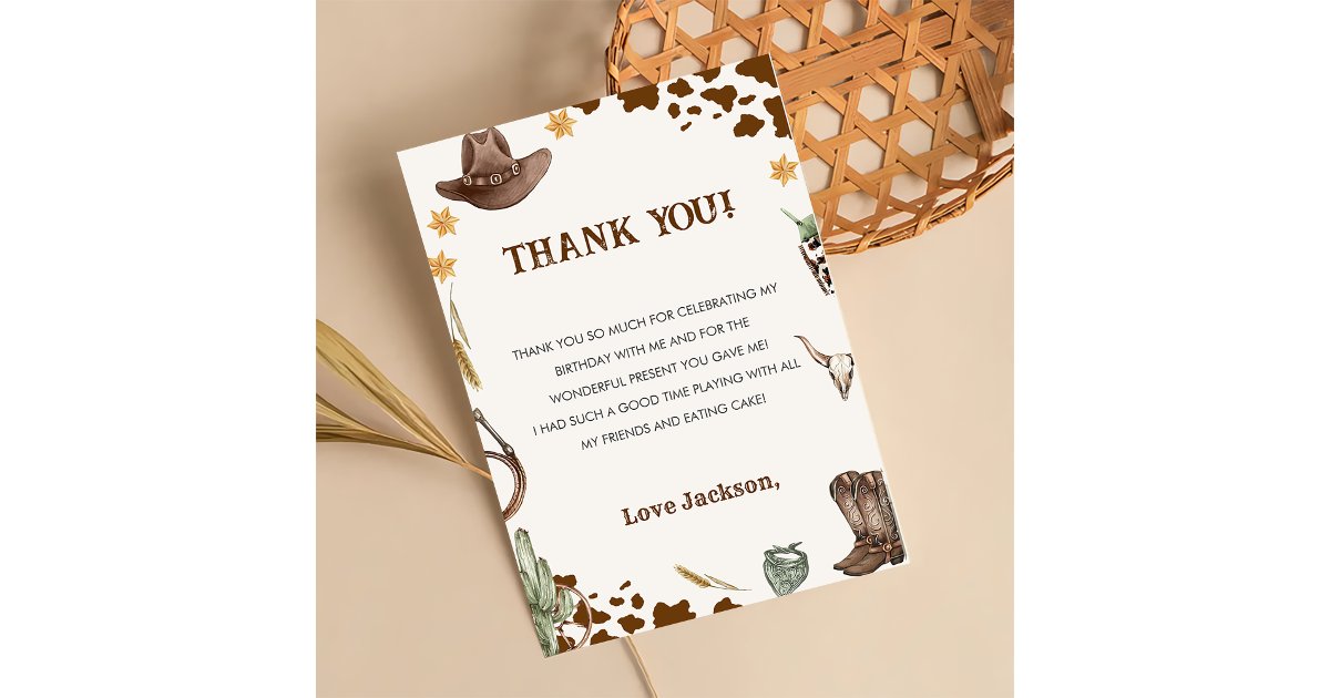 Western Cowboy Birthday Party Thank You Card | Zazzle