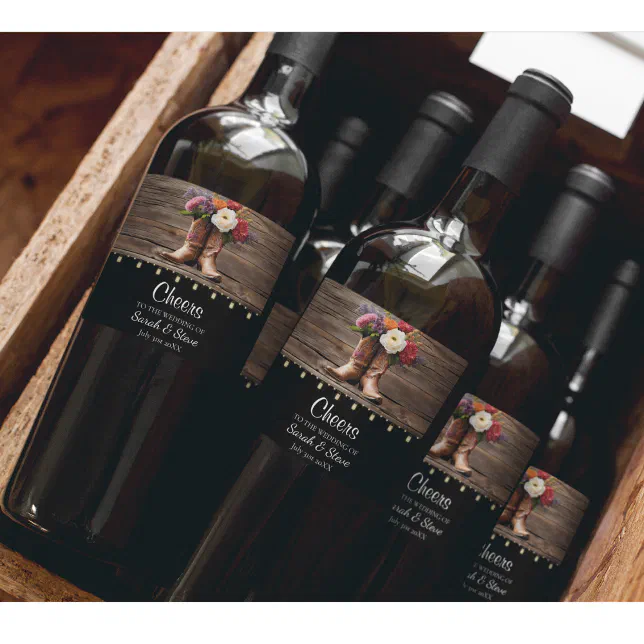 Western Cowboy Boots Floral Elegant Wedding Wine Label | Zazzle