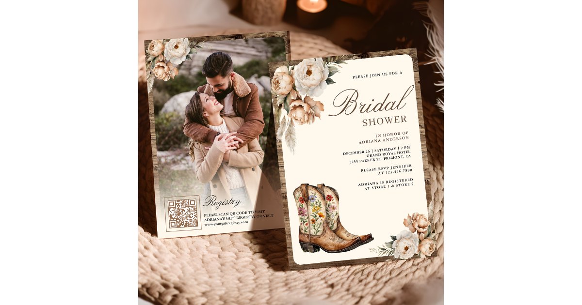 Western Cowboy Boots Photo QR Code Bridal Shower Invitation | Zazzle