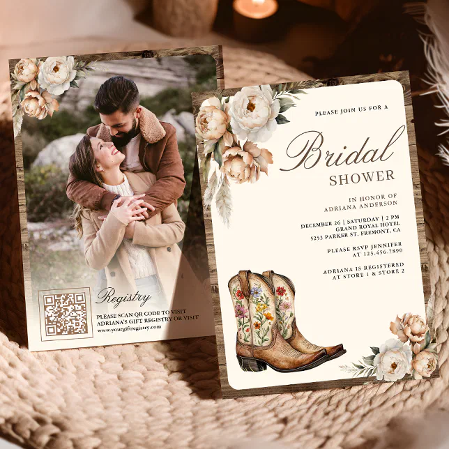 Western Cowboy Boots Photo QR Code Bridal Shower Invitation | Zazzle