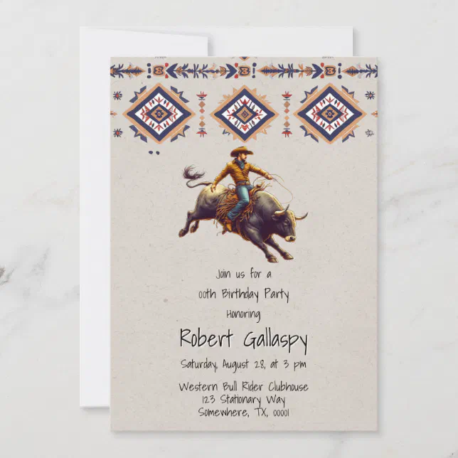 Western Cowboy Bull Rider Aztec Birthday Party Invitation | Zazzle