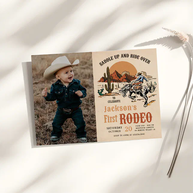 Western Cowboy First Rodeo 1st Birthday Photo Invitation | Zazzle