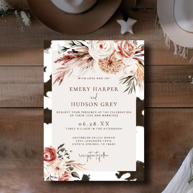Western Cowboy Ranch Boho Floral Cowhide Wedding Invitation | Zazzle