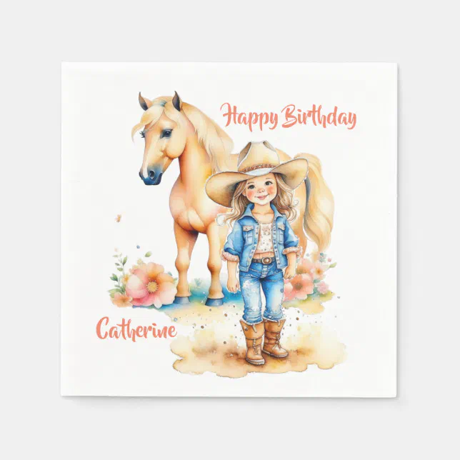 Western Cowgirl and Horse Personalized Birthday Napkins | Zazzle