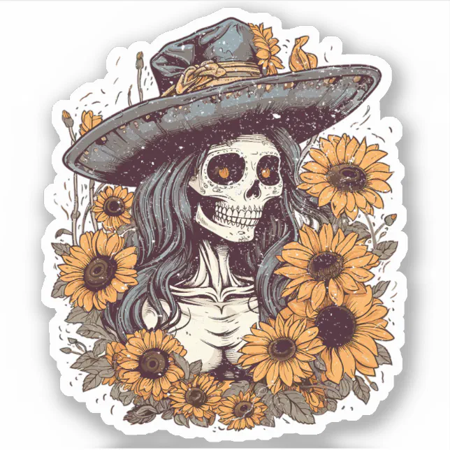 Western Cowgirl Skeleton Sunflowers Tattoo Art Sticker | Zazzle