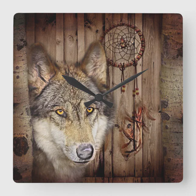Western dream catcher native american indian wolf square wall clock ...