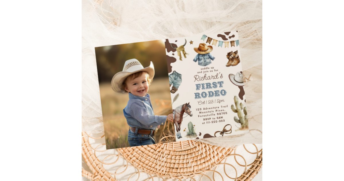 Western First Rodeo Boy 1st birthday photo Invitation | Zazzle