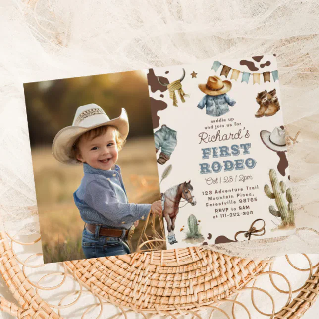 Western First Rodeo Boy 1st birthday photo Invitation | Zazzle
