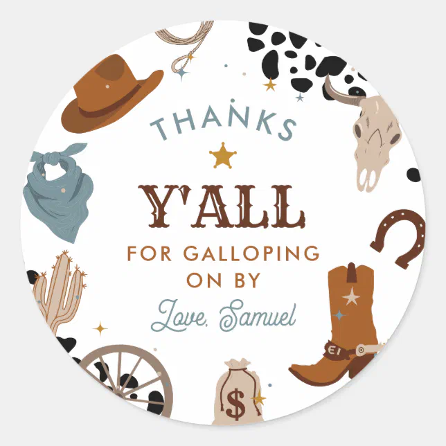 Western First Rodeo Boy First Birthday Thank You Classic Round Sticker ...