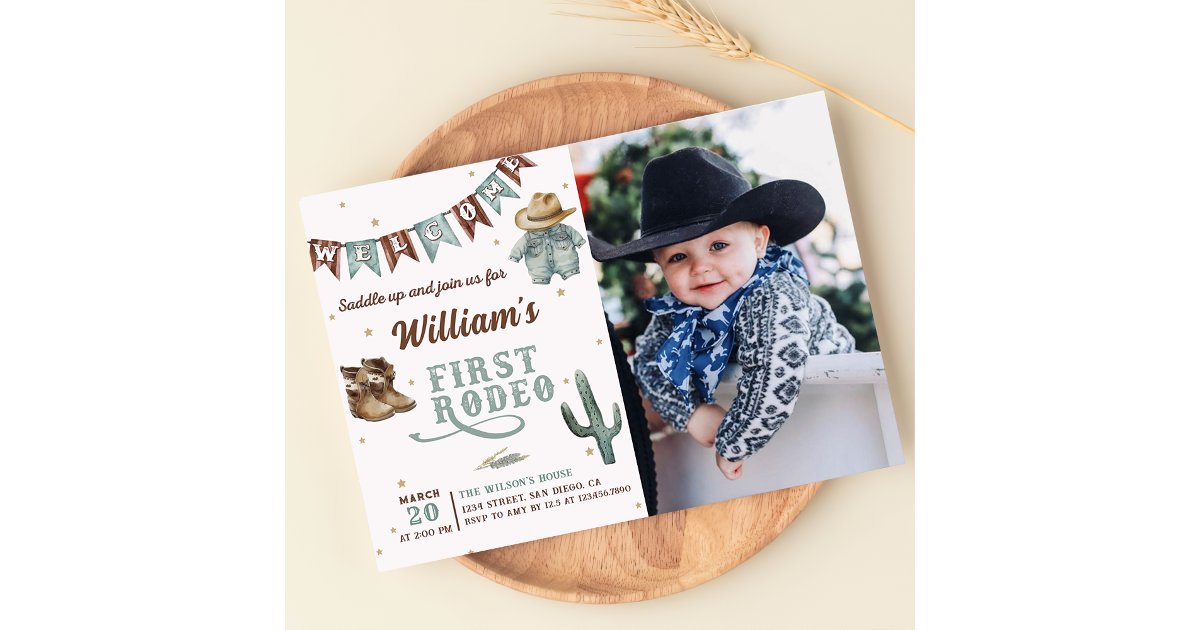 Western First Rodeo Cowboy Birthday Photo Invitation | Zazzle
