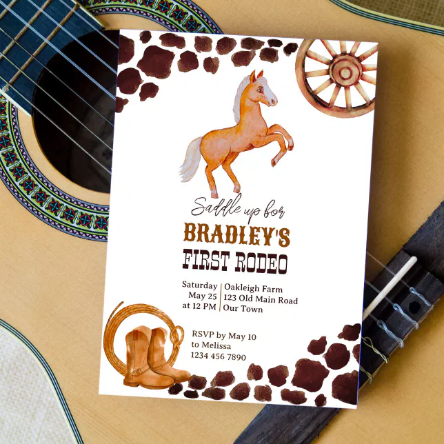 Western first rodeo saddle up horse birthday party invitation | Zazzle