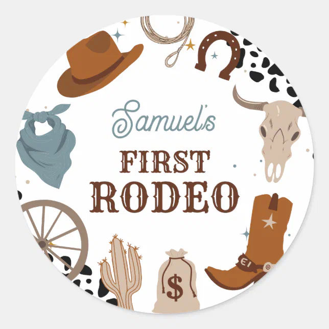 Western First Rodeo Wild West Boy First Birthday Classic Round Sticker ...