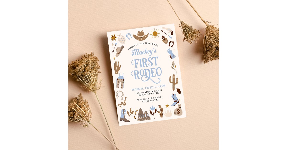 Western First Rodeo Wild West Cowboy Blue Birthday Invitation | Zazzle