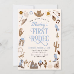 Western First Rodeo Wild West Cowboy Blue Birthday Invitation | Zazzle