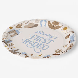 Western First Rodeo Wild West Cowboy Blue Birthday Paper Plates | Zazzle