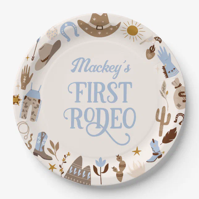 Western First Rodeo Wild West Cowboy Blue Birthday Paper Plates | Zazzle
