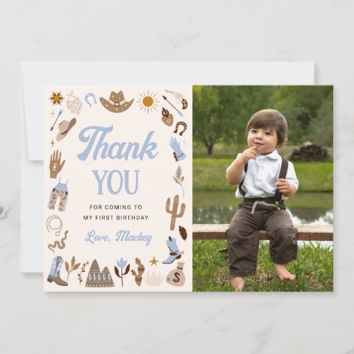 Western First Rodeo Wild West Cowboy Blue Birthday Thank You Card | Zazzle