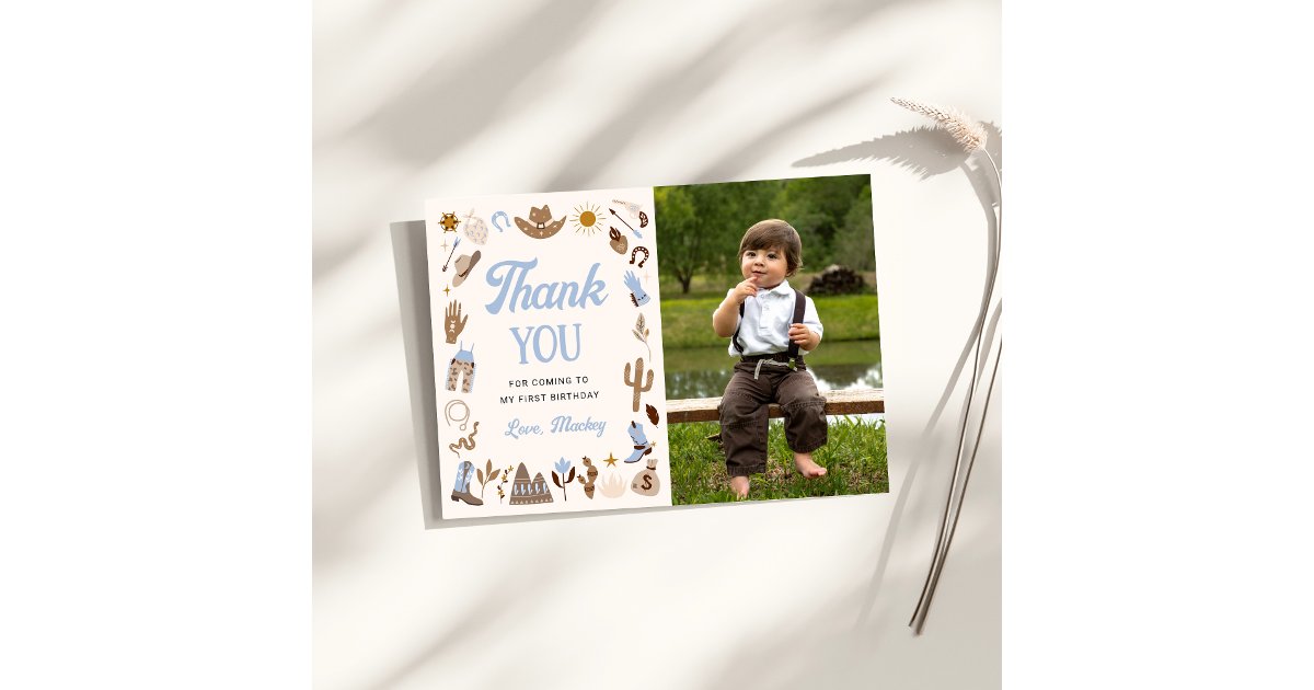 Western First Rodeo Wild West Cowboy Blue Birthday Thank You Card | Zazzle