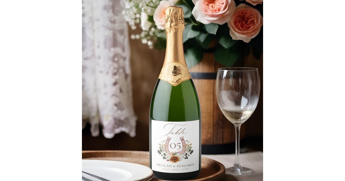Western Floral Horseshoe Wedding Table Number Sparkling Wine Label | Zazzle