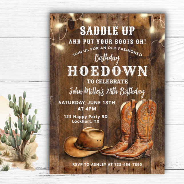 Western Hoedown Birthday with Cowboy Boots and Hat Invitation | Zazzle