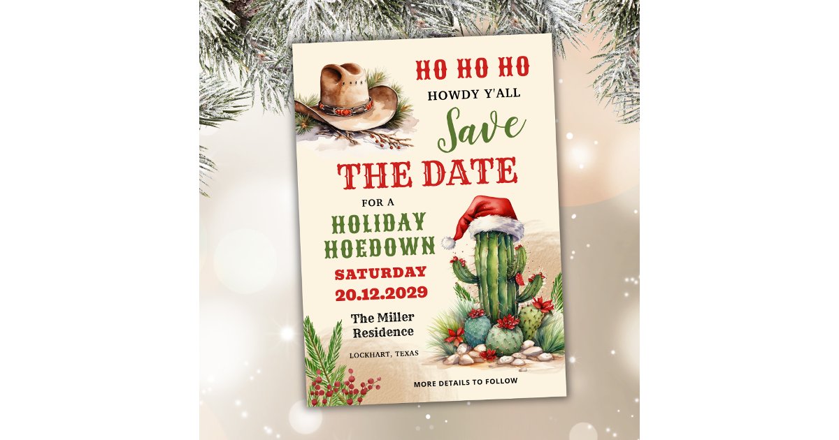 Western Holiday Hoedown, Santa Hat Cowboy Party Save The Date | Zazzle