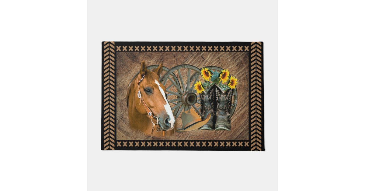 Western Horse Cowboy Boots Cowboy Hat Wagon Wheel Doormat | Zazzle