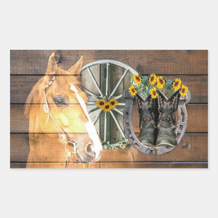 Western Horse Wagon Wheel Horseshoe Cowboy Boots Rectangular Sticker ...