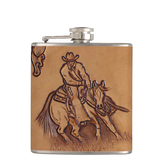 Western leather horseback Riding Rodeo Cowboy Hip Flask | Zazzle