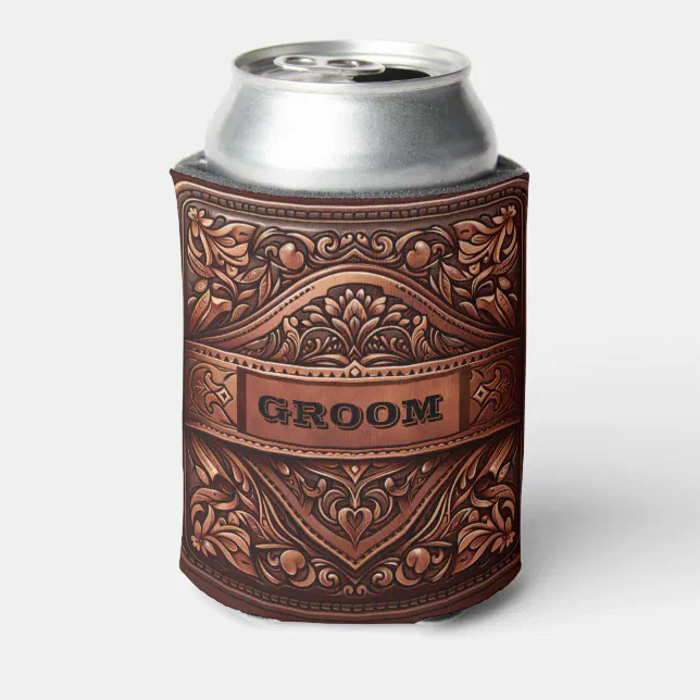 Western Leather Print Brown Wedding Groom Can Cooler | Zazzle