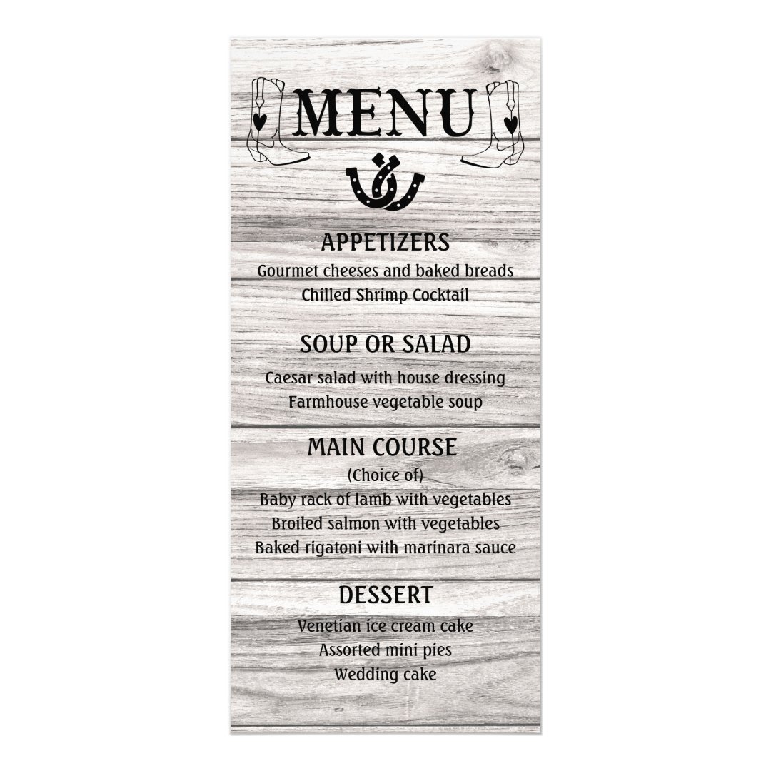 Western Menu Country Wedding Cowboy Boots Wood | Zazzle