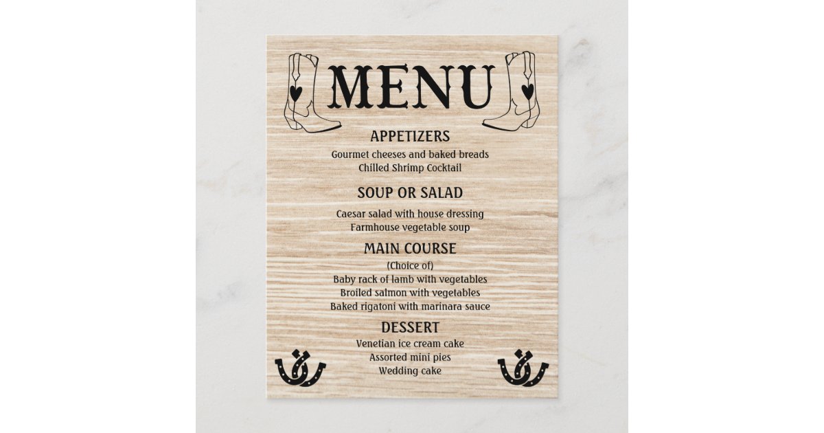 Western Menu Country Wedding Cowboy Boots Wood | Zazzle.com