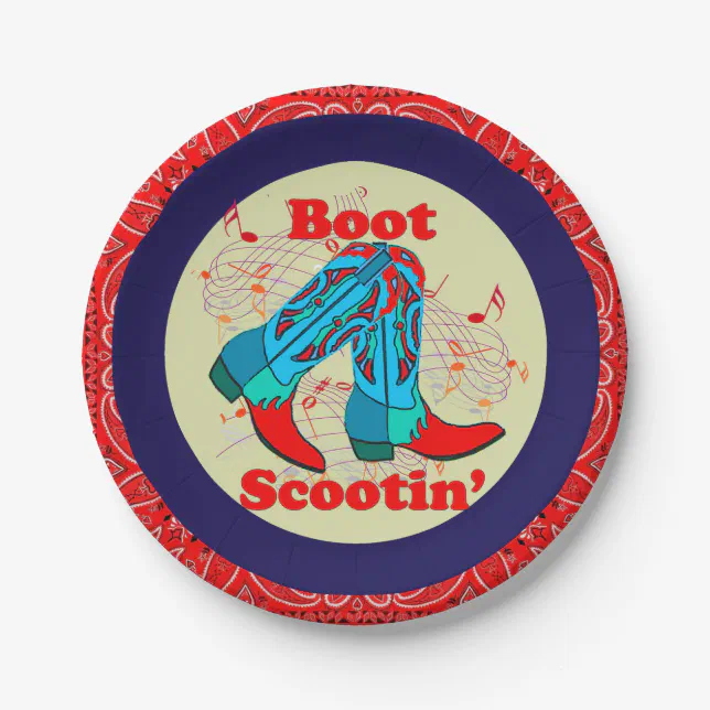 Western Party Cowboy Boot Scootin" Dance Red Paper Plates | Zazzle