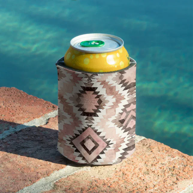 Western Pink Brown Cowgirl Native Print Can Cooler | Zazzle