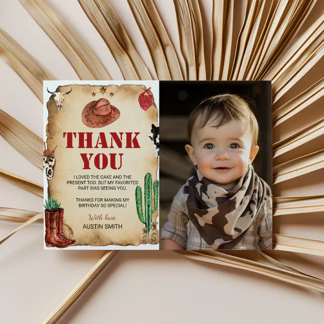 Western Rodeo Cowboy Birthday Photo Thank You Card | Zazzle