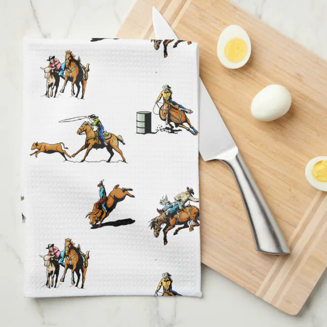 Western Rodeo Events Cowboys Cowgirls ANY COLOR Kitchen Towel | Zazzle