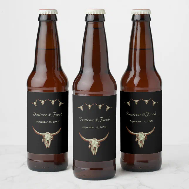 Western Rustic Black Wedding Bull Cow Skull Beer Bottle Label | Zazzle