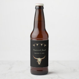 Western Rustic Black Wedding Bull Cow Skull Beer Bottle Label | Zazzle