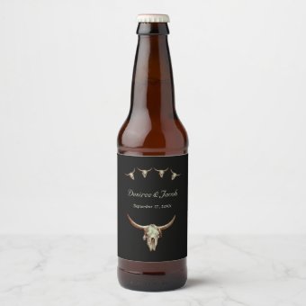 Western Rustic Black Wedding Bull Cow Skull Beer Bottle Label | Zazzle
