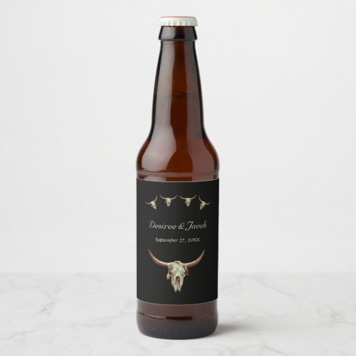 Western Rustic Black Wedding Bull Cow Skull Beer Bottle Label | Zazzle