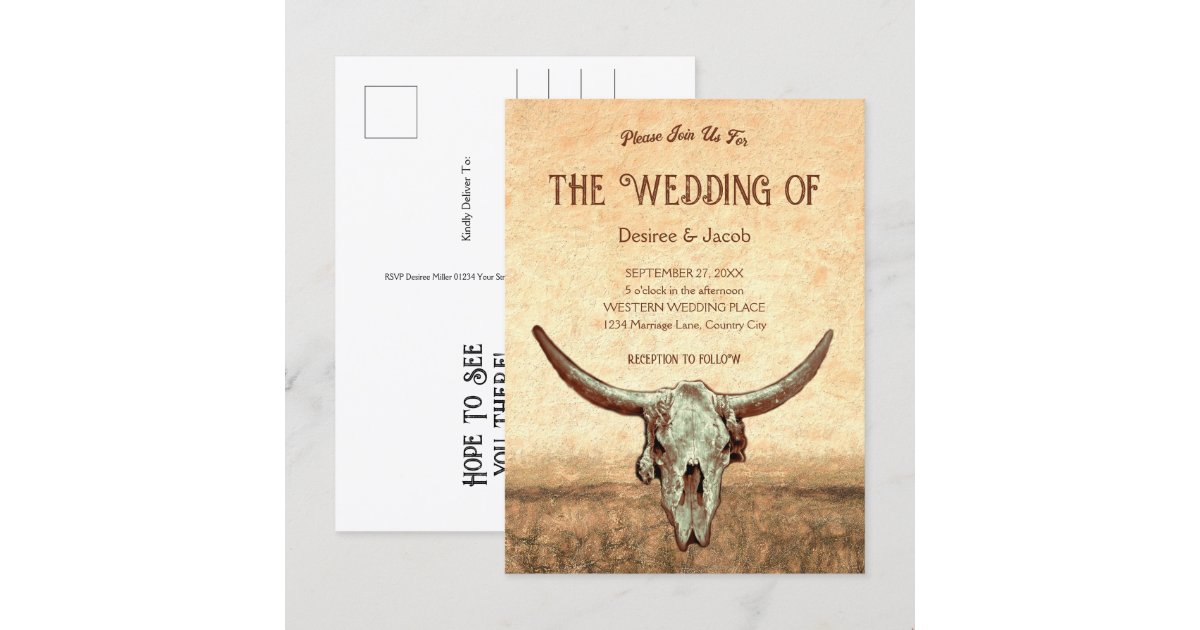 Western Rustic Country Bull Skull Invitation Postcard | Zazzle