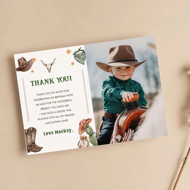 Western Rustic Cowboy Birthday Party Photo Thank You Card | Zazzle