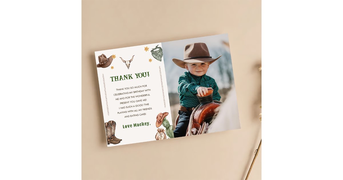 Western Rustic Cowboy Birthday Party Photo Thank You Card | Zazzle