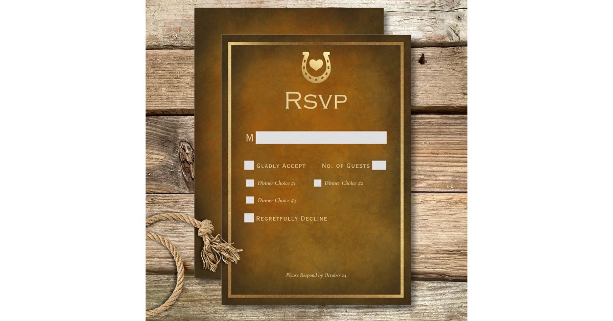 Western Rustic Horseshoe Brown & Gold Dinner RSVP Card | Zazzle