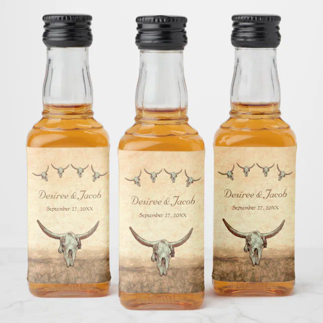 Western Rustic Wedding Country Bull Cow Skull Liquor Bottle Label | Zazzle