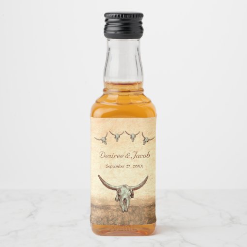 Western Rustic Wedding Country Bull Cow Skull Liquor Bottle Label | Zazzle