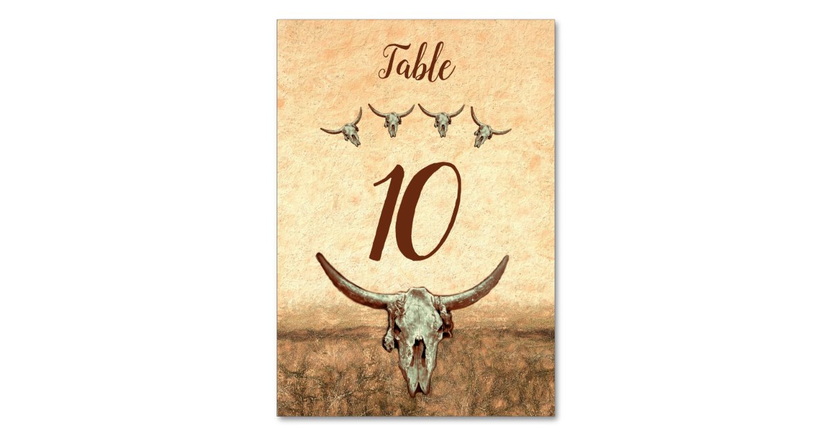 Western Rustic Wedding Country Bull Cow Skull Table Number | Zazzle