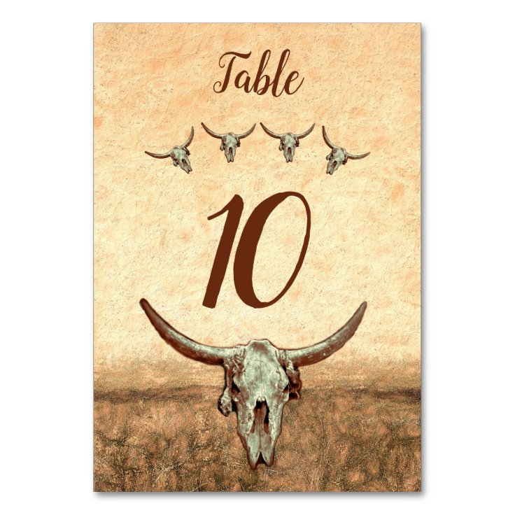 Western Rustic Wedding Country Bull Cow Skull Table Number | Zazzle